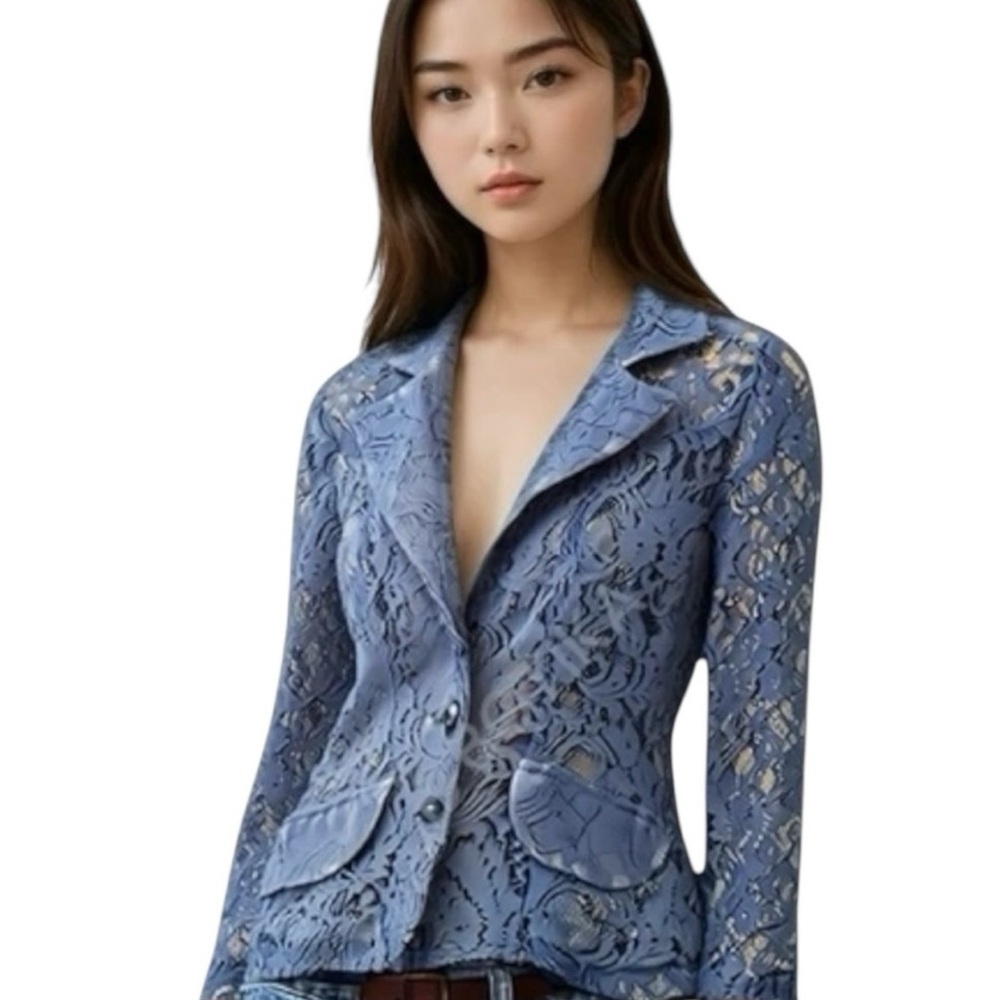 Fredericks of Hollywood Cropped Faux Lace Blazer in B… - Gem